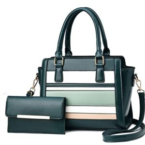 ZiMing® Handbag Set for Women Faux Leather Tote Bag Top Handle Bag Stripe Splicing Purse Wallet Clutch 2Pcs Set-Green