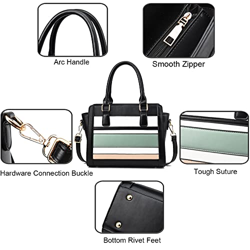 ZiMing® Handbag Set for Women Faux Leather Tote Bag Top Handle Bag Stripe Splicing Purse Wallet Clutch 2Pcs Set-Green