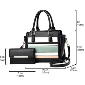 ZiMing® Handbag Set for Women Faux Leather Tote Bag Top Handle Bag Stripe Splicing Purse Wallet Clutch 2Pcs Set-Green