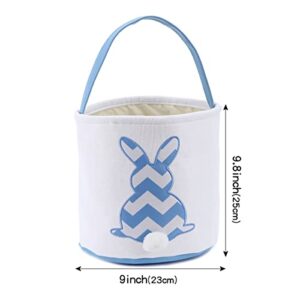 Cootato Easter Bunny Basket Bags for Kids, Stripe Rabbit Pattern Egg Basket Hunt Bags Personalized Canvas Cotton Bucket with Fluffy Tail for Easter Eggs, Candy, Gift (Blue)