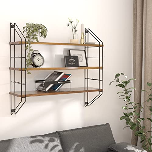 JACKCUBE Design 3 Tier 27.5 Inch Wood Wall Floating Shelves, Wall Hanging Book Storage Organization Display Shelf Rack with Black Metal Brackets- MK874A