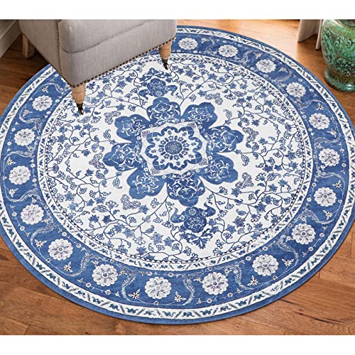 Ileading Round Rug 4ft Heidi Collection Round Area Rug, Washable Non-Shedding Round Fluffy Rug for Dining Room Entryway Foyer Living Room Bedroom Sofa (Blue)