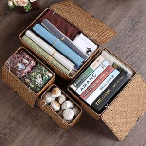 Sobotoo Wicker Storage Box with Lid, Natural Hand-woven Rattan Storage Box, Rectangular Household Organizer Boxes Shelf Wardrobe Organizer (XXL)