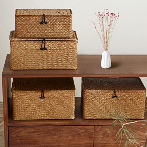 Sobotoo Wicker Storage Box with Lid, Natural Hand-woven Rattan Storage Box, Rectangular Household Organizer Boxes Shelf Wardrobe Organizer (XXL)