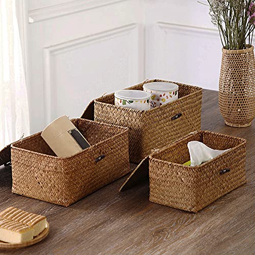 Sobotoo Wicker Storage Box with Lid, Natural Hand-woven Rattan Storage Box, Rectangular Household Organizer Boxes Shelf Wardrobe Organizer (XXL)