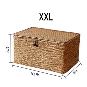 Sobotoo Wicker Storage Box with Lid, Natural Hand-woven Rattan Storage Box, Rectangular Household Organizer Boxes Shelf Wardrobe Organizer (XXL)