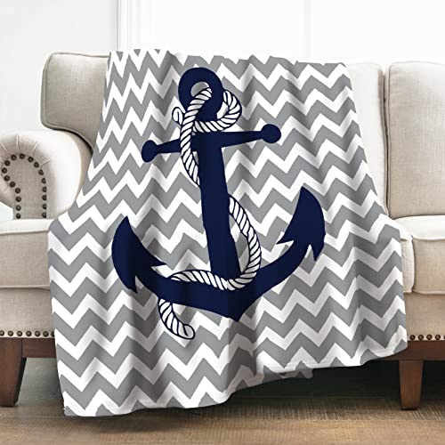 Levens Nautical Anchor Blanket Gifts for Boys Men, Gray and White Chevron Decoration for Home Bedroom Living Room Couch Lounge, Soft Fluffy Lightweight Plush Throw Blankets 50"x60"