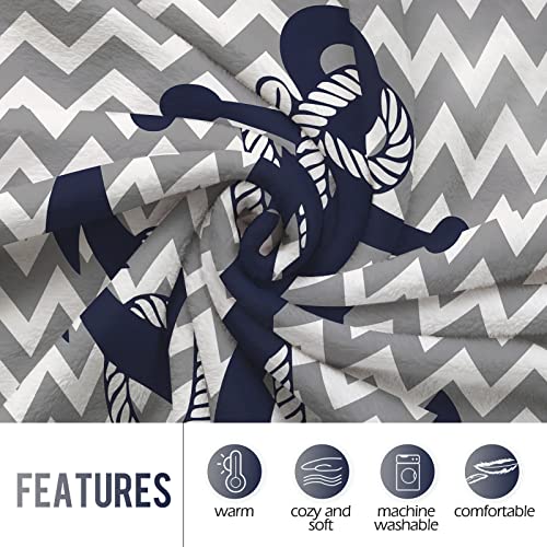 Levens Nautical Anchor Blanket Gifts for Boys Men, Gray and White Chevron Decoration for Home Bedroom Living Room Couch Lounge, Soft Fluffy Lightweight Plush Throw Blankets 50"x60"