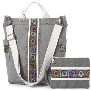 worldlyda women vintage canvas tote retro hobo purse multi pocket crossbody shoulder bag casual top handle handbag with embroidery ethnic (grey)