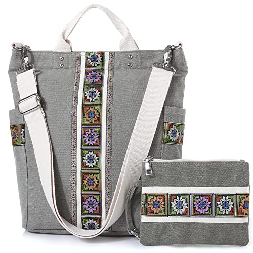 Worldlyda Women Vintage Canvas Tote Retro Hobo Purse Multi Pocket Crossbody Shoulder Bag Casual Top Handle handbag with Embroidery Ethnic (Grey)