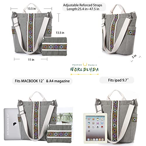 Worldlyda Women Vintage Canvas Tote Retro Hobo Purse Multi Pocket Crossbody Shoulder Bag Casual Top Handle handbag with Embroidery Ethnic (Grey)