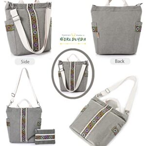 Worldlyda Women Vintage Canvas Tote Retro Hobo Purse Multi Pocket Crossbody Shoulder Bag Casual Top Handle handbag with Embroidery Ethnic (Grey)