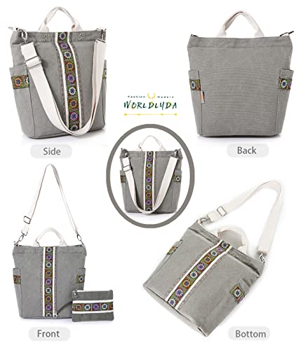 Worldlyda Women Vintage Canvas Tote Retro Hobo Purse Multi Pocket Crossbody Shoulder Bag Casual Top Handle handbag with Embroidery Ethnic (Grey)