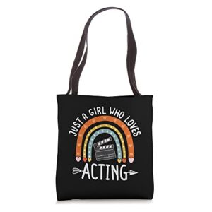 just a girl who loves acting rainbow cute theater lover tote bag