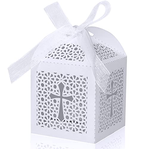 KPOSIYA 70 Pack Baptism Favor Boxes,Laser Cut Candy Boxes with Ribbons, Party Favor Small Gift Boxes for Baby Shower Baptism Decorations First Birthday Party Christening Favor (White-70)