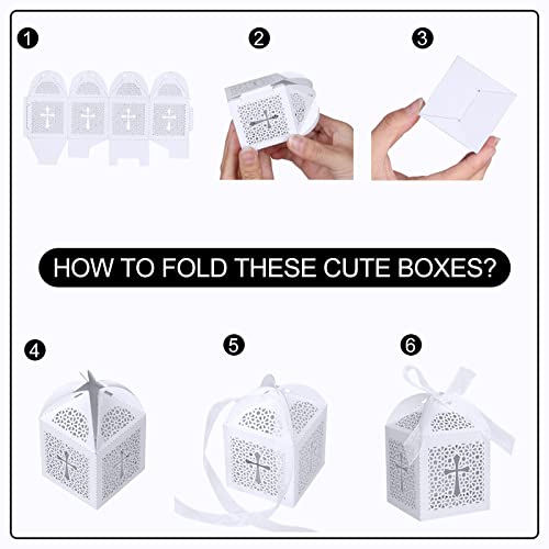 KPOSIYA 70 Pack Baptism Favor Boxes,Laser Cut Candy Boxes with Ribbons, Party Favor Small Gift Boxes for Baby Shower Baptism Decorations First Birthday Party Christening Favor (White-70)