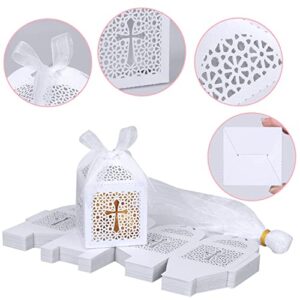 KPOSIYA 70 Pack Baptism Favor Boxes,Laser Cut Candy Boxes with Ribbons, Party Favor Small Gift Boxes for Baby Shower Baptism Decorations First Birthday Party Christening Favor (White-70)