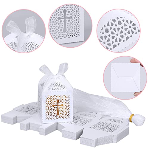 KPOSIYA 70 Pack Baptism Favor Boxes,Laser Cut Candy Boxes with Ribbons, Party Favor Small Gift Boxes for Baby Shower Baptism Decorations First Birthday Party Christening Favor (White-70)