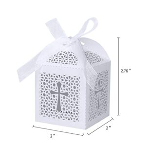 KPOSIYA 70 Pack Baptism Favor Boxes,Laser Cut Candy Boxes with Ribbons, Party Favor Small Gift Boxes for Baby Shower Baptism Decorations First Birthday Party Christening Favor (White-70)