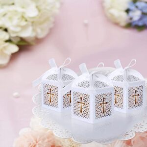 KPOSIYA 70 Pack Baptism Favor Boxes,Laser Cut Candy Boxes with Ribbons, Party Favor Small Gift Boxes for Baby Shower Baptism Decorations First Birthday Party Christening Favor (White-70)