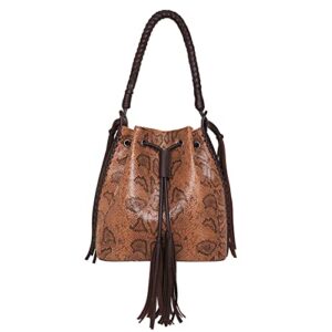 montana west wrangler hobo handbags for women pu leather woven shoulder bags ladies fashion snake printing bucket bag large drawstring tote purse with tassel, brown