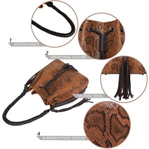 Montana West Wrangler Hobo Handbags for Women PU Leather Woven Shoulder Bags Ladies Fashion Snake Printing Bucket Bag Large Drawstring Tote Purse with Tassel, Brown