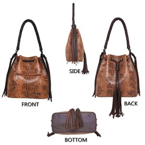 Montana West Wrangler Hobo Handbags for Women PU Leather Woven Shoulder Bags Ladies Fashion Snake Printing Bucket Bag Large Drawstring Tote Purse with Tassel, Brown