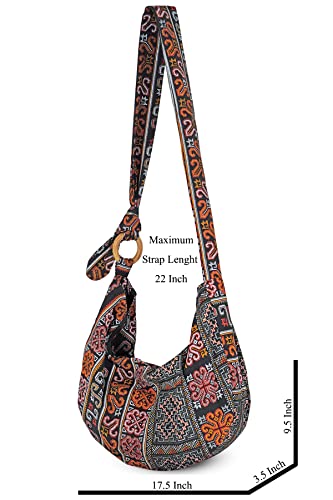 Your Cozy Women's Crossbody Handbags Hippie bag Boho Hobo Bags for Women Shoulder Sling Bag Hippie Tote Bag Handmade Cotton Hippie Purse with Adjustable Strap (Black)