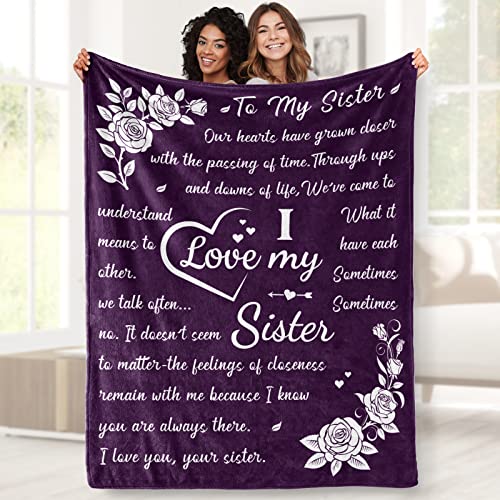 Throw Blanket Sister Gifts, Fleece Blanket Sisters Gifts from Sister, Sister Blanket Birthday Gifts for Sister, Gifts for Women Purple Flannel Lightweight Soft Blanket to My Sisters for Bed Couch