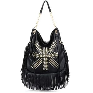 teanea pu leather fringe hobo bag large studded handbag crossbody bag for women, black