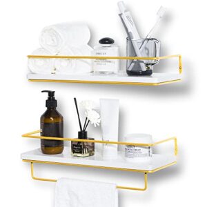 y&m floating shelves bathroom with removable towel rack, rustic wall mounted storage shelf for bedroom, office, kitchen, entryway decor, white pine wood, modern golden metal frame – set of 2