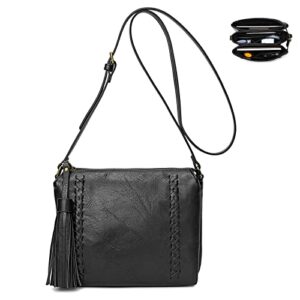 keyli small crossbody bag for women christmas gifts waterproof leather shoulder bag 3 layer multi pocket crossbody purse lightweight adjustable strap cross body cell phone purse with tassel black