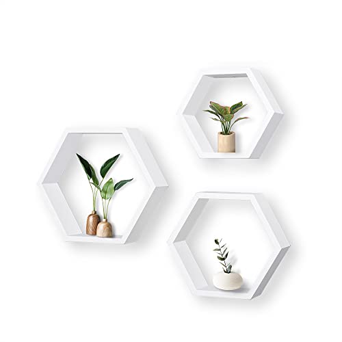 ROSE BLOOM Wall Mounted Hexagon Floating Shelves, Set of 3 Wood Wall Decor for Living Room, Kitchen and Bedroom,White