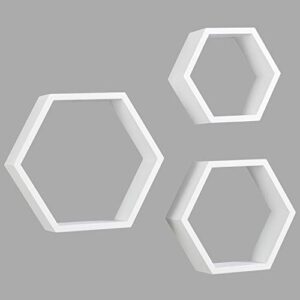 ROSE BLOOM Wall Mounted Hexagon Floating Shelves, Set of 3 Wood Wall Decor for Living Room, Kitchen and Bedroom,White