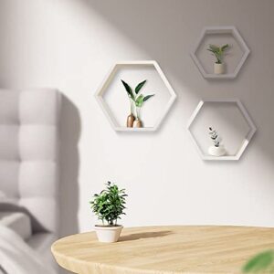 ROSE BLOOM Wall Mounted Hexagon Floating Shelves, Set of 3 Wood Wall Decor for Living Room, Kitchen and Bedroom,White