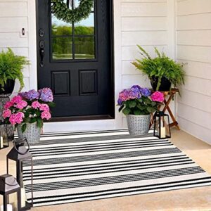 BUAGETUP Black and White Outdoor Rug 3'x 5' Hand-Woven Cotton Washable Rug Striped Front Porch Rug Machine Washable Indoor/Outdoor Area Rug Floor Mat for Farmhouse/Layered Door Mats/Living Room