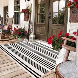 BUAGETUP Black and White Outdoor Rug 3'x 5' Hand-Woven Cotton Washable Rug Striped Front Porch Rug Machine Washable Indoor/Outdoor Area Rug Floor Mat for Farmhouse/Layered Door Mats/Living Room