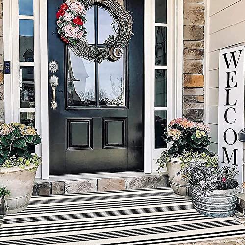 BUAGETUP Black and White Outdoor Rug 3'x 5' Hand-Woven Cotton Washable Rug Striped Front Porch Rug Machine Washable Indoor/Outdoor Area Rug Floor Mat for Farmhouse/Layered Door Mats/Living Room