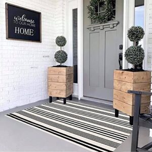 BUAGETUP Black and White Outdoor Rug 3'x 5' Hand-Woven Cotton Washable Rug Striped Front Porch Rug Machine Washable Indoor/Outdoor Area Rug Floor Mat for Farmhouse/Layered Door Mats/Living Room