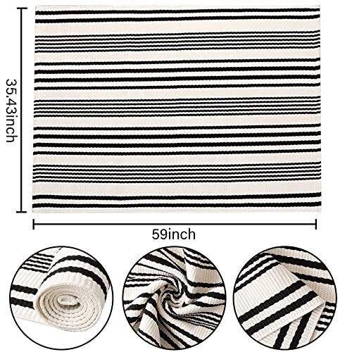 BUAGETUP Black and White Outdoor Rug 3'x 5' Hand-Woven Cotton Washable Rug Striped Front Porch Rug Machine Washable Indoor/Outdoor Area Rug Floor Mat for Farmhouse/Layered Door Mats/Living Room