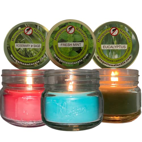 Mosquito Naturals Eucalyptus, Fresh Mint, Rosemary Sage with Essential Oils - Made in USA - (Set of 3) for Patio, Deck, Outdoor or Indoor Use – All Natural, Soy Base Candles, 3 oz Jars with Lids