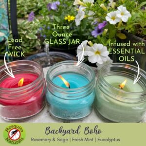 Mosquito Naturals Eucalyptus, Fresh Mint, Rosemary Sage with Essential Oils - Made in USA - (Set of 3) for Patio, Deck, Outdoor or Indoor Use – All Natural, Soy Base Candles, 3 oz Jars with Lids