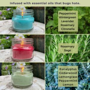 Mosquito Naturals Eucalyptus, Fresh Mint, Rosemary Sage with Essential Oils - Made in USA - (Set of 3) for Patio, Deck, Outdoor or Indoor Use – All Natural, Soy Base Candles, 3 oz Jars with Lids