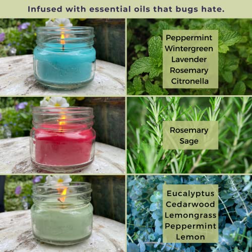 Mosquito Naturals Eucalyptus, Fresh Mint, Rosemary Sage with Essential Oils - Made in USA - (Set of 3) for Patio, Deck, Outdoor or Indoor Use – All Natural, Soy Base Candles, 3 oz Jars with Lids