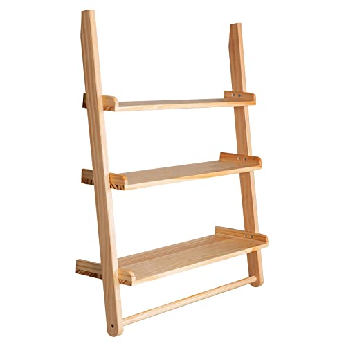 Bloddream Carson 3-Tier Storage Display Shelf, Leaning Solid Wood Storage Rack, Floating Shelf with Towel Bar for Bathroom, Natural Pine Wood