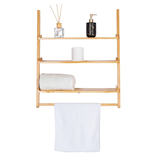 Bloddream Carson 3-Tier Storage Display Shelf, Leaning Solid Wood Storage Rack, Floating Shelf with Towel Bar for Bathroom, Natural Pine Wood