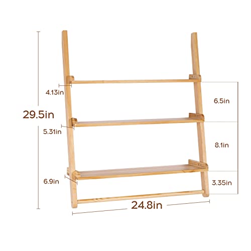 Bloddream Carson 3-Tier Storage Display Shelf, Leaning Solid Wood Storage Rack, Floating Shelf with Towel Bar for Bathroom, Natural Pine Wood