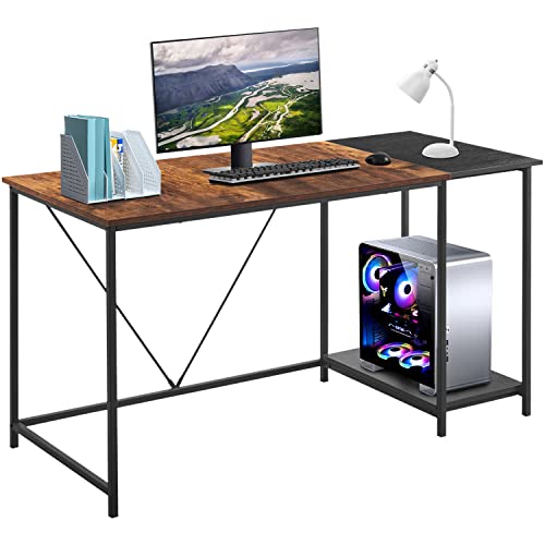 55" Computer Desk Office Desk with Bookshelf, Gaming Desk Extra Large Modern Student Kids Study PC Simple Executive Table Workstation for Small Space, Brown