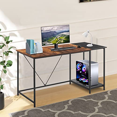 55" Computer Desk Office Desk with Bookshelf, Gaming Desk Extra Large Modern Student Kids Study PC Simple Executive Table Workstation for Small Space, Brown