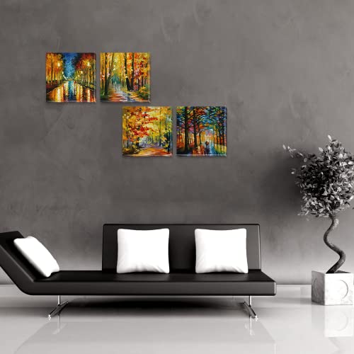 Colorful Landscape Oil Painting Wall Art Canvas Paintings Abstract Texture Rainbow Trees with Walking People Prints Pictures 4 Pieces Living Room Bedroom Artwork 12"x12"